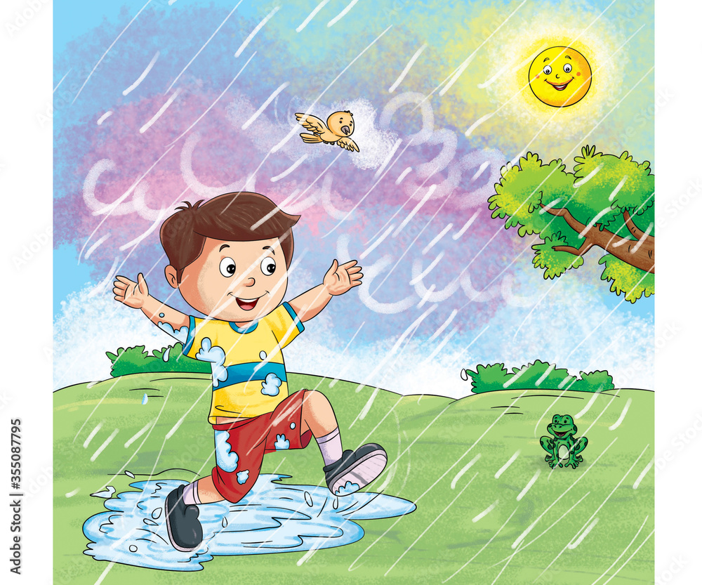 boy playing in the rain Stock Illustration | Adobe Stock