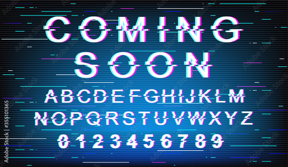 Coming soon glitch font template. Retro futuristic style vector ...