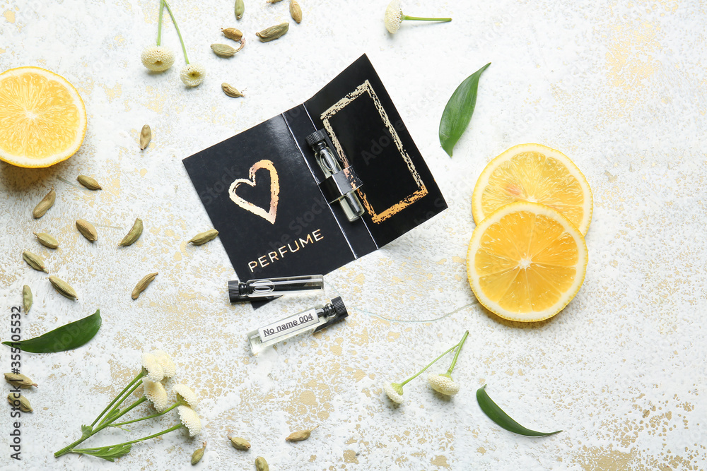 Perfume samples on light background Stock Photo | Adobe Stock