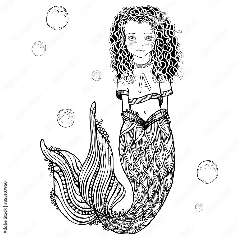 Cute little mermaid. girl. Coloring book page for adult and children ...