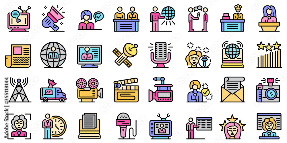 TV presenter icons set. Outline set of TV presenter vector icons for ...