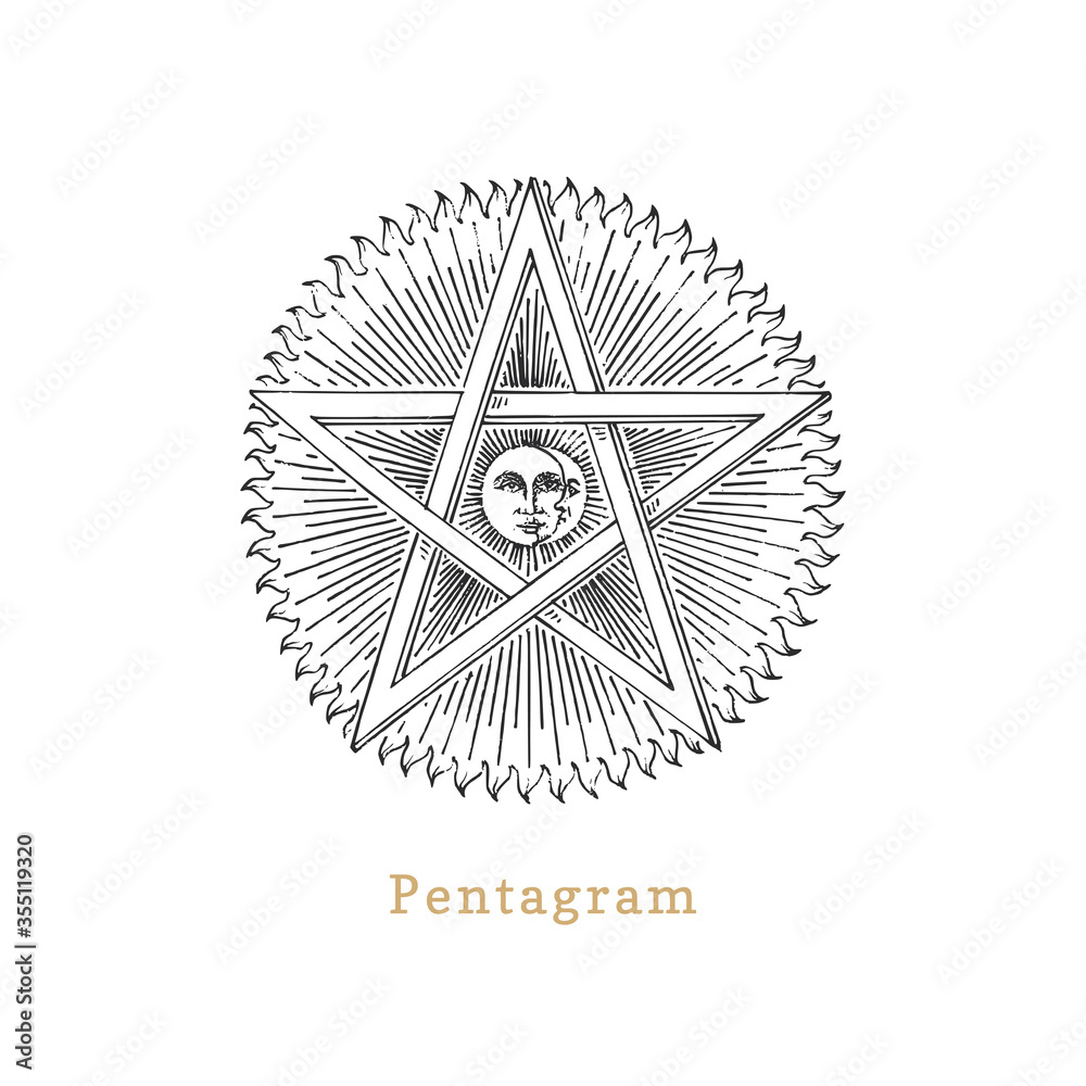 Pentagram with Sun and Crescent, vector illustration in engraving style ...