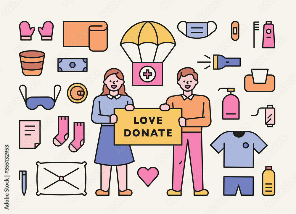 Various relief items icons and characters holding a picket. flat design ...