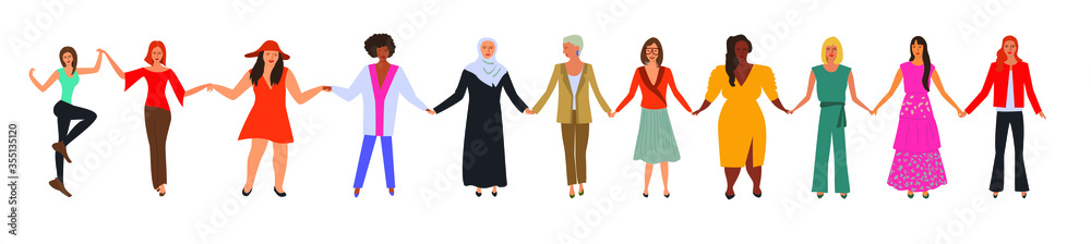 Happy women of different nationalities standing together and holding ...