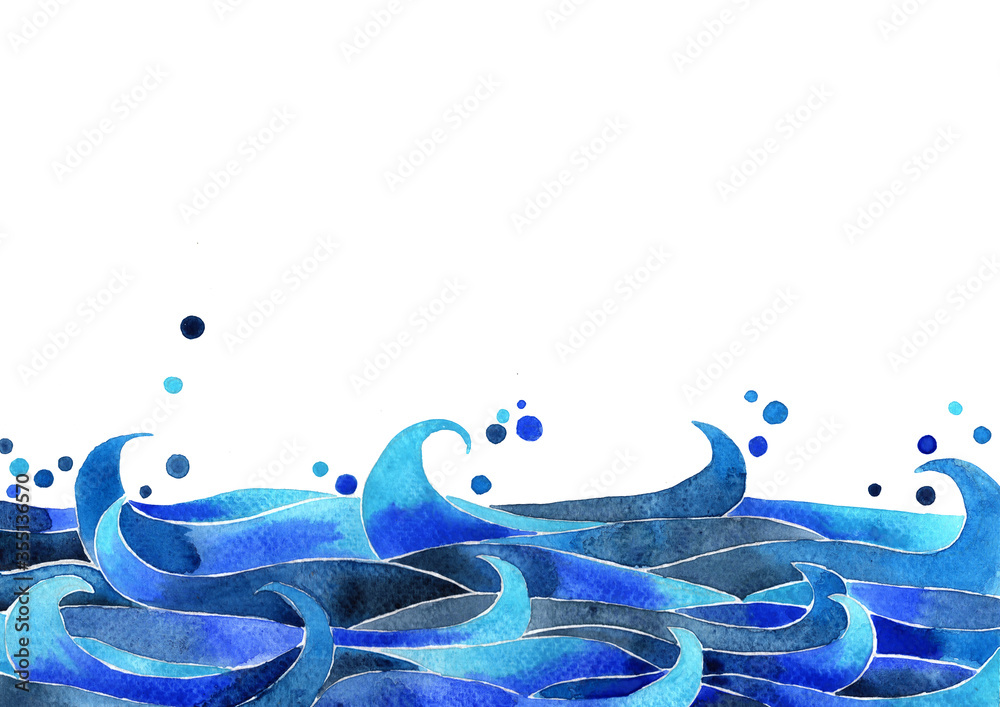 Blue marine color ocean wave style border watercolor hand painting for ...
