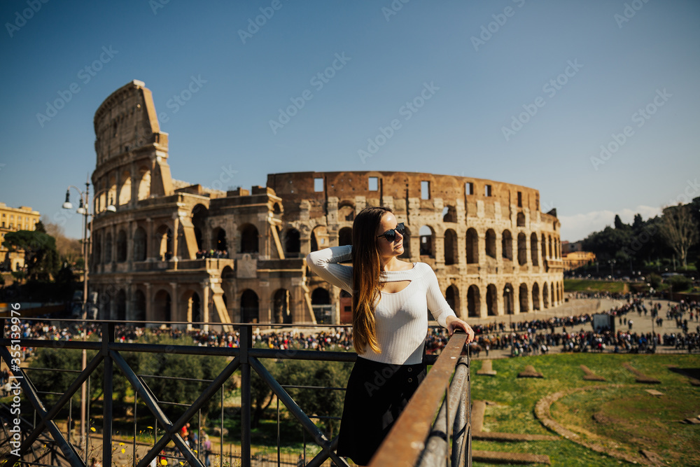 Woman at Colosseum, Rome, Italy. Happy girl near famous ancient ...
