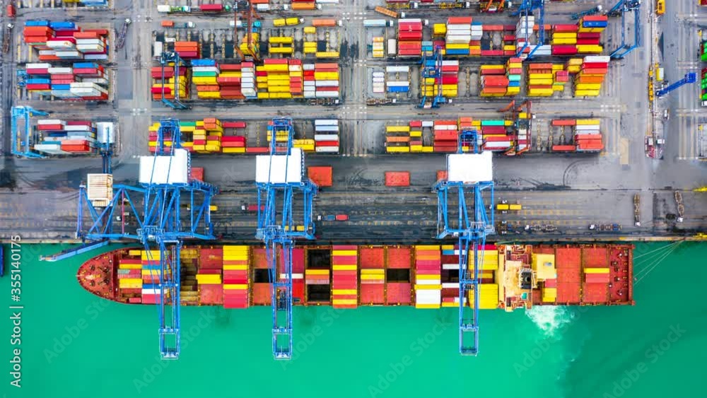 Time lapse 4K, Aerial top view Container cargo freight ship with ...