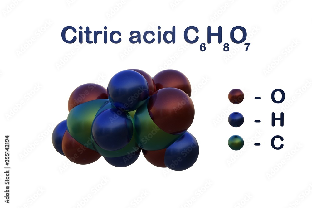 Structural chemical formula and space-filling molecular model of citric ...