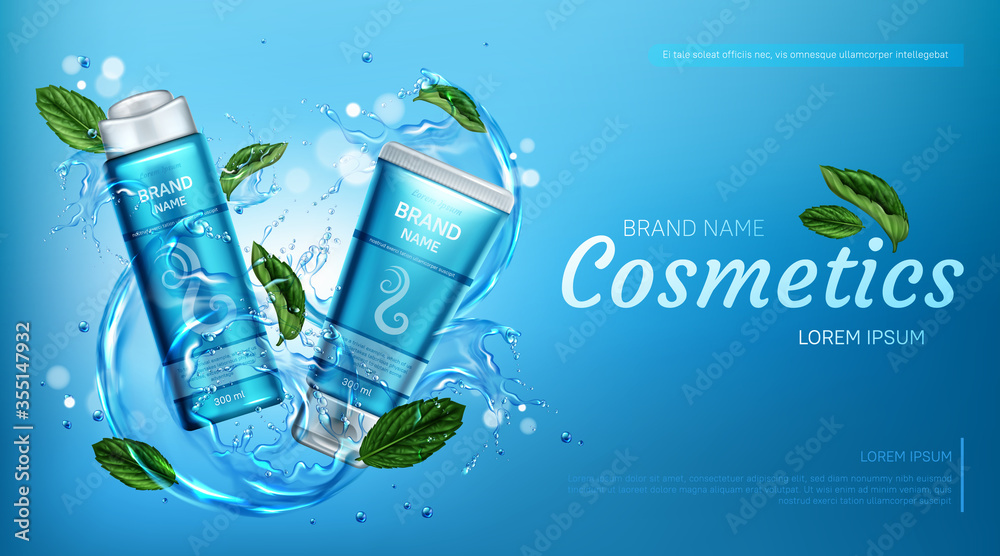 Cosmetic products in water splash with mint leaves. Vector realistic ...