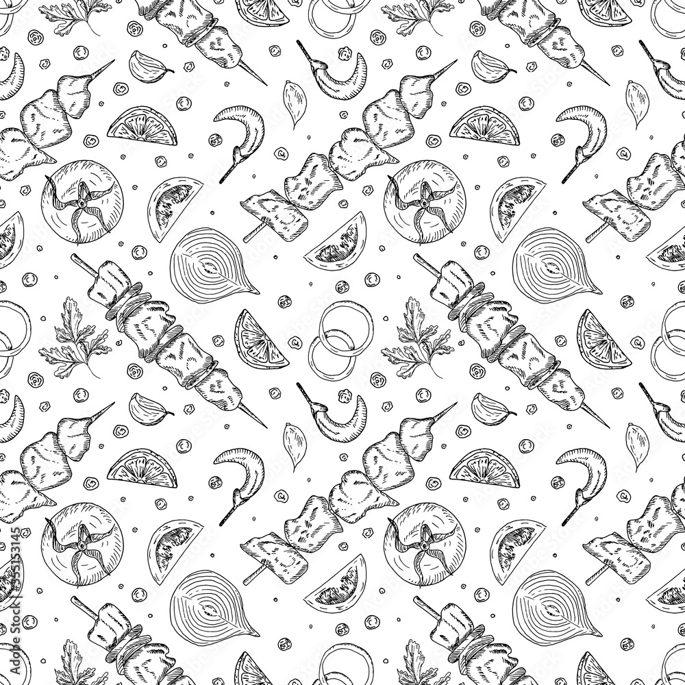 Seamless pattern with street food elements on white background. Vector ...