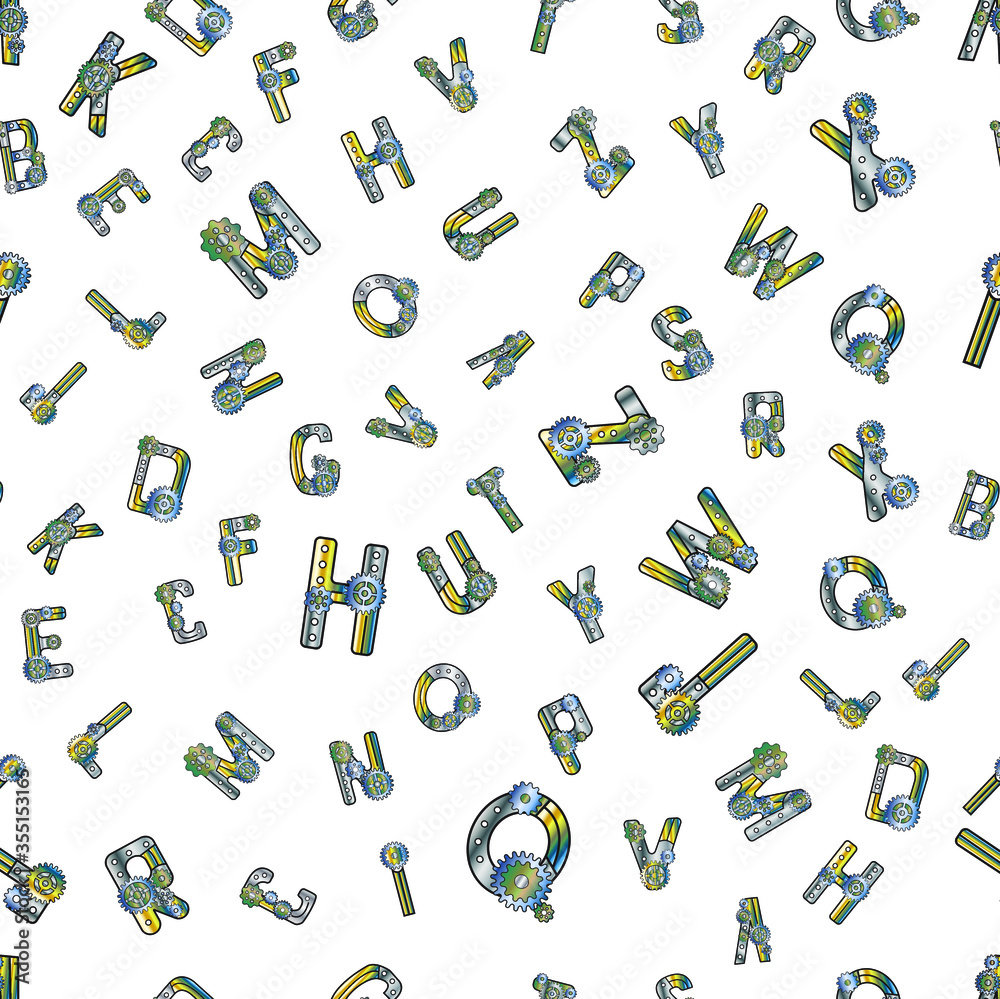 Seamless pattern of mechanical metal colored letters with gears and ...