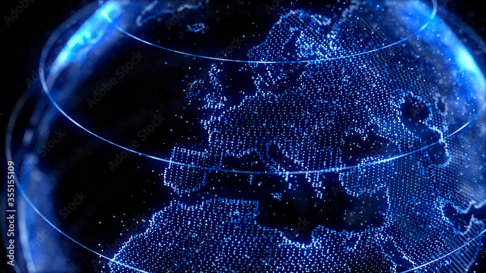 3D earth globe simulation with blue lights particles mapspinning depth ...