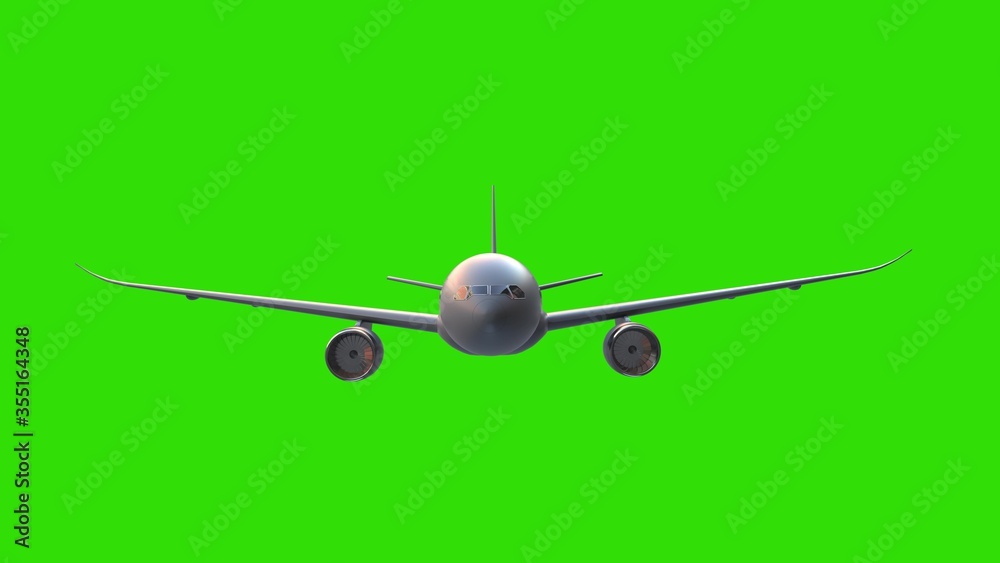 Passenger airplane flying animation on green screen background. 3d ...