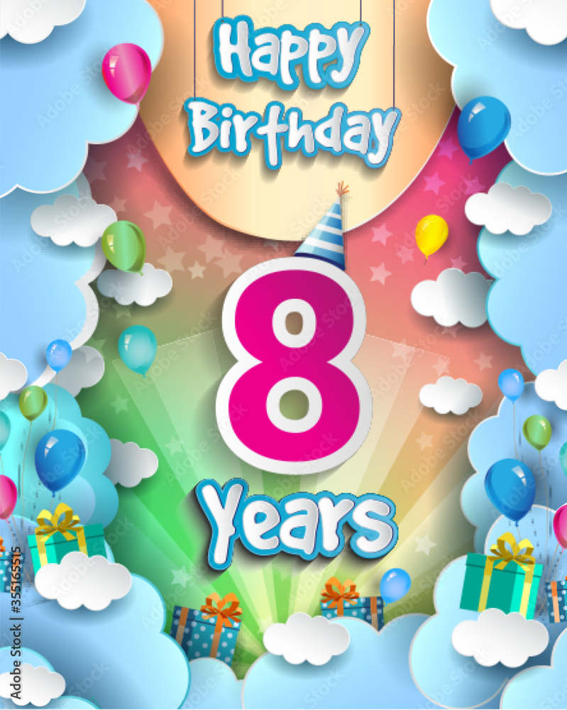 8th Years Birthday Design for greeting cards and poster, with clouds ...