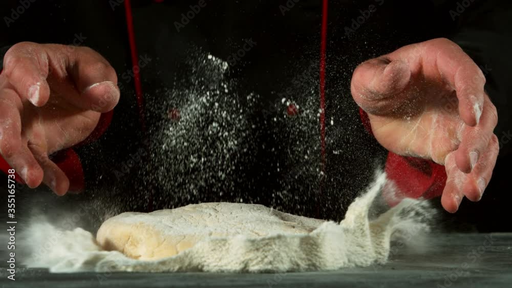 Super slow motion of falling yeast dough into flour. Filmed on high ...