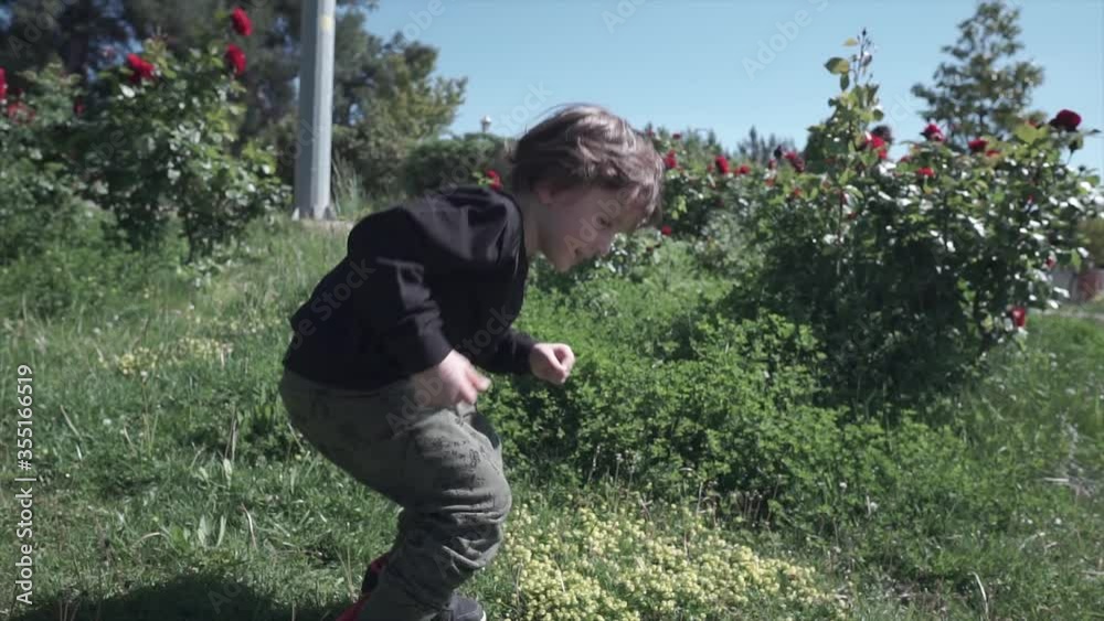 Cute children boy is picking flowers on grass. Happy, hope concept ...