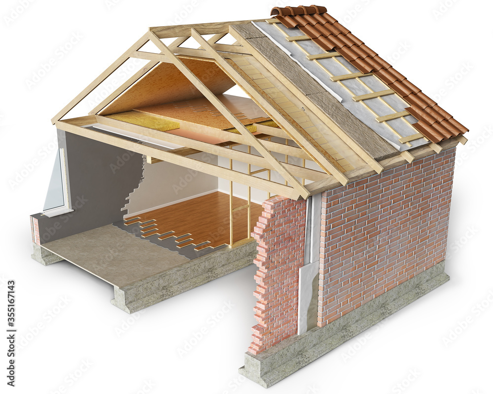 Cross section of roof layers and house in a building process, 3d ...