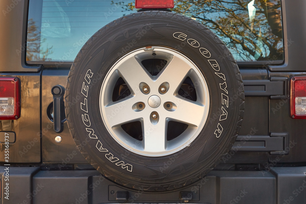 Reykjavik, Iceland - Circa 2018: Spare wheel on the back of a Jeep ...