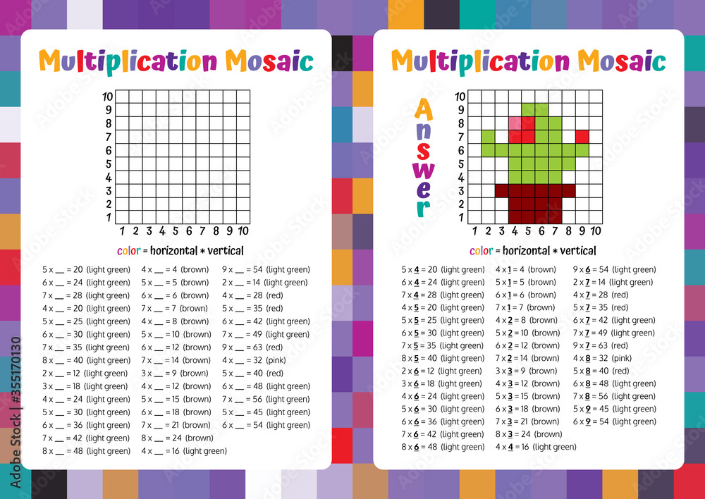 Multiplication Mosaic Math Puzzle Worksheet. Educational Game. Coloring ...