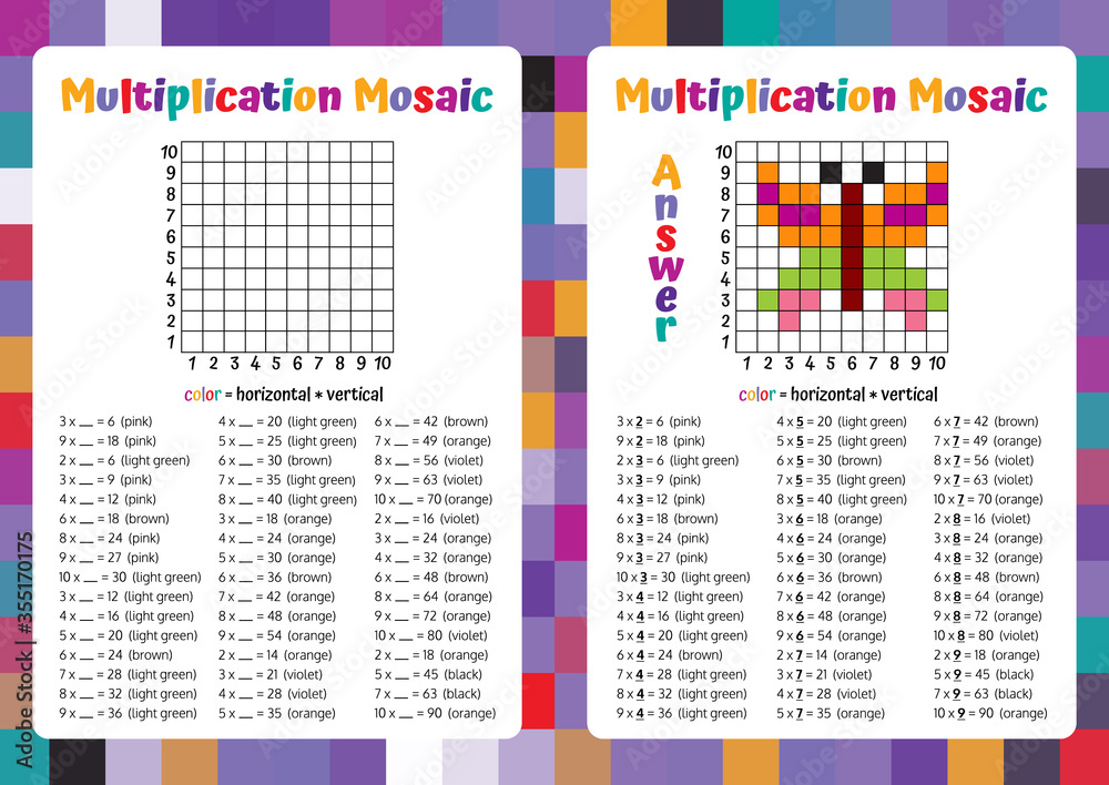 Multiplication Mosaic Math Puzzle Worksheet. Educational Game. Coloring ...
