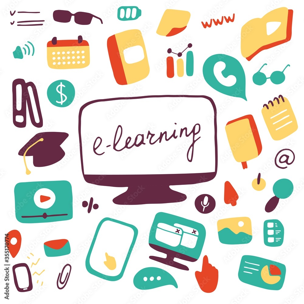 E-learning icon set. Online education symbols. Flat vector illustration ...