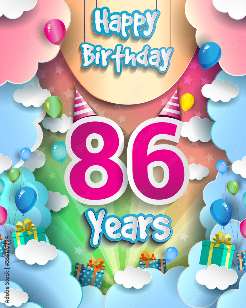 86th Years Birthday Design for greeting cards and poster, with clouds ...