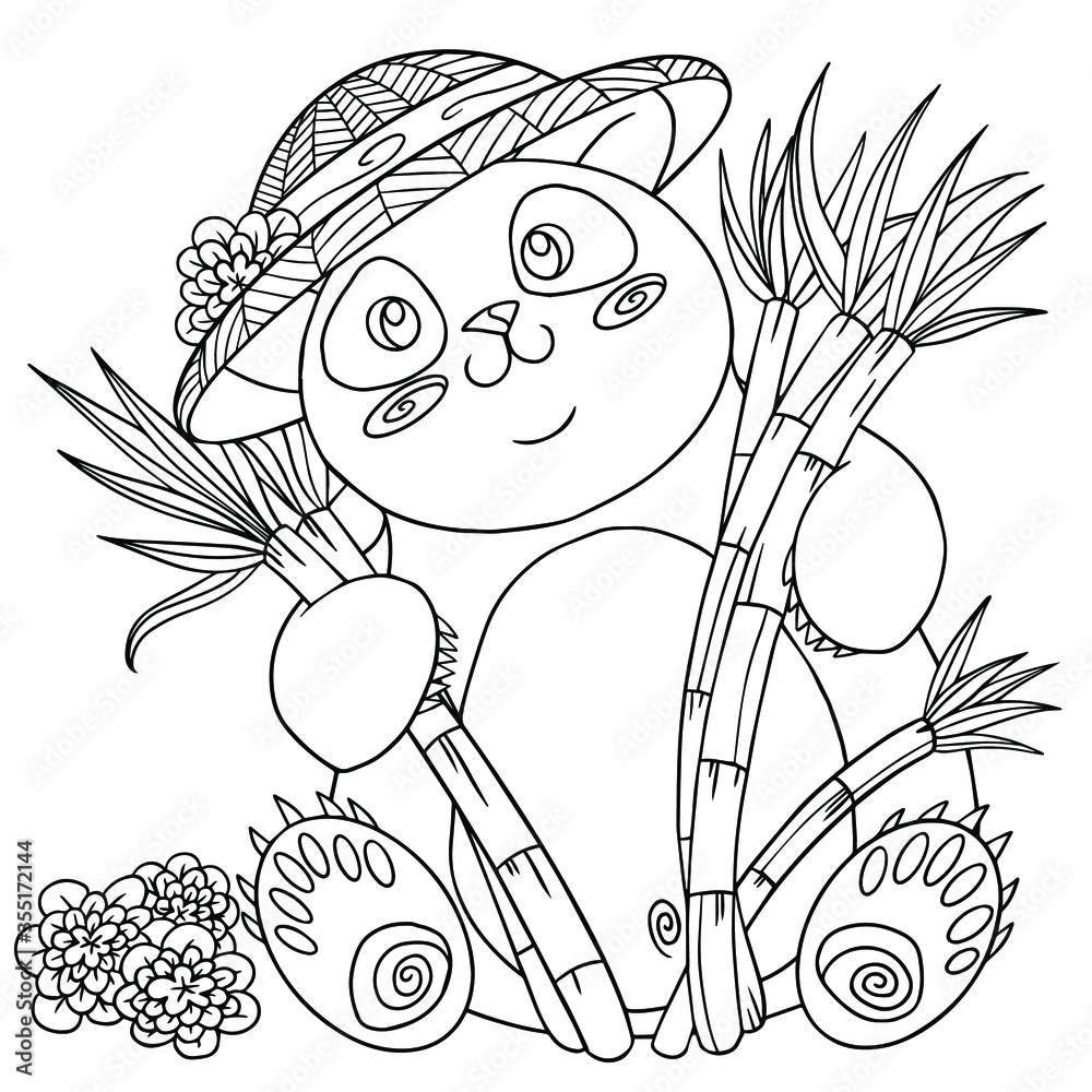 Little funny panda with bamboo. Cartoon childish illustration. Coloring ...