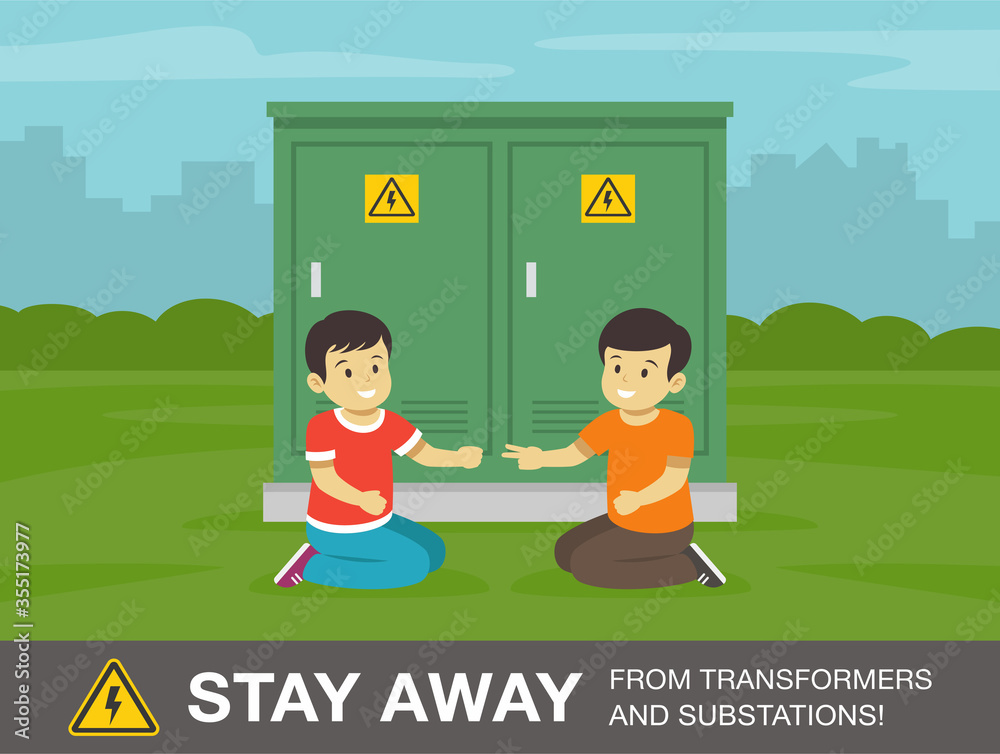 Two kids sitting beside the electrical transformer and playing rock ...