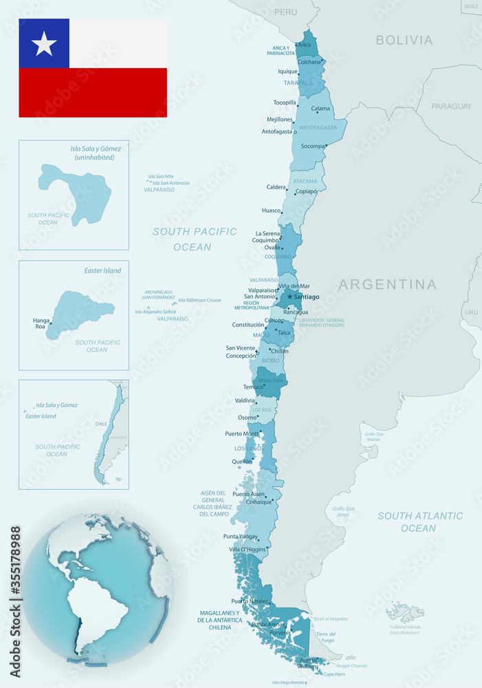 Blue-green detailed map of Chile administrative divisions with country ...