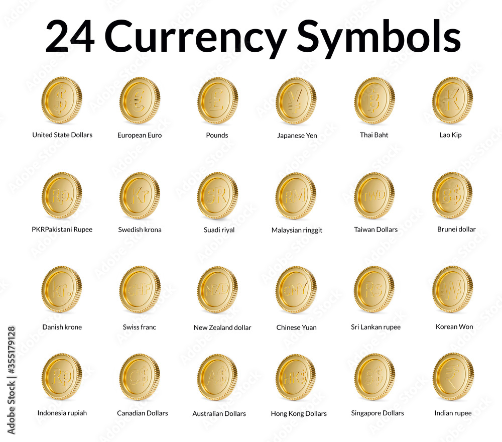 International Currency Symbols on the golden coin isolated on white ...
