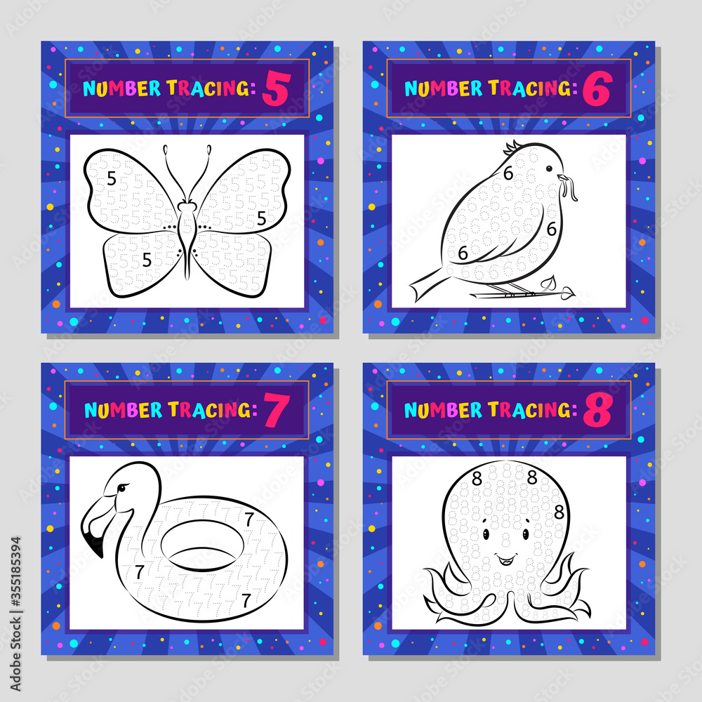 Number Tracing Worksheet Set. Coloring Book Page. Math Game. Writing ...