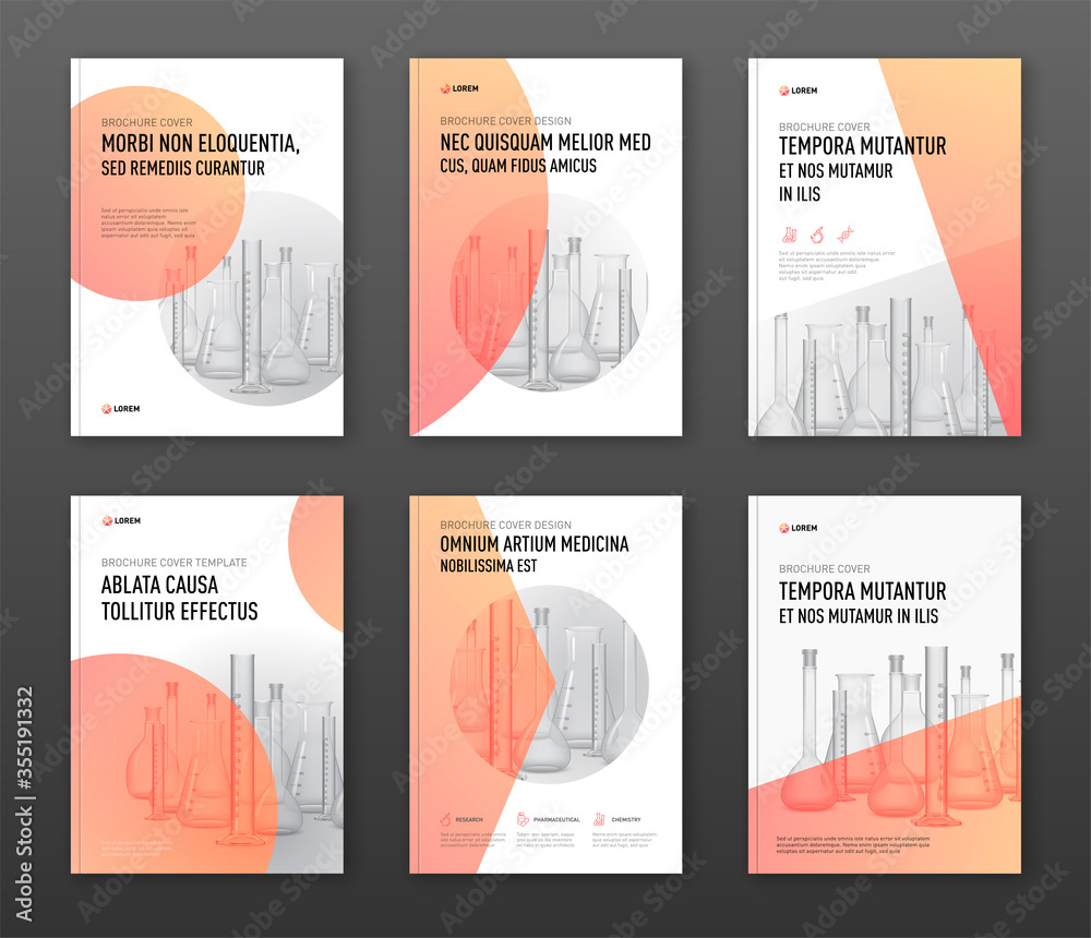 Pharmaceutical brochure cover design layout set with flasks vector ...