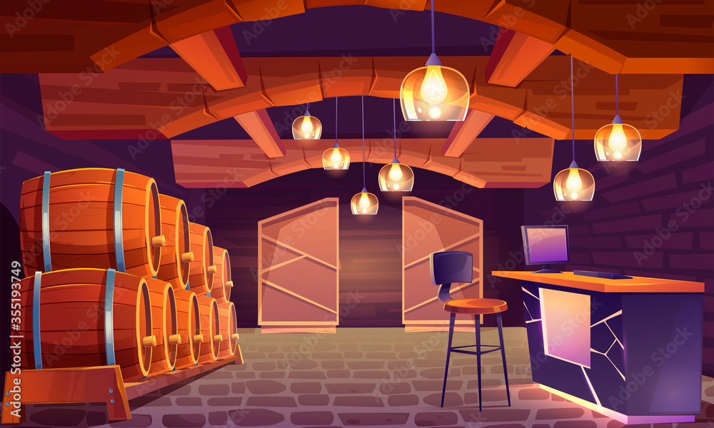 Wine shop, cellar interior with wooden barrels, brick walls and floor ...