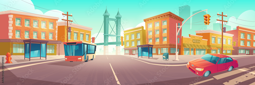 City crossroad with bus and car on transport intersection with zebra ...