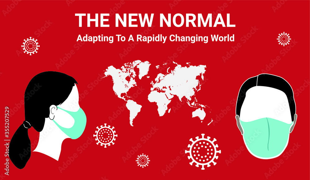 new normal banner with a map of the world and icons of men and women ...