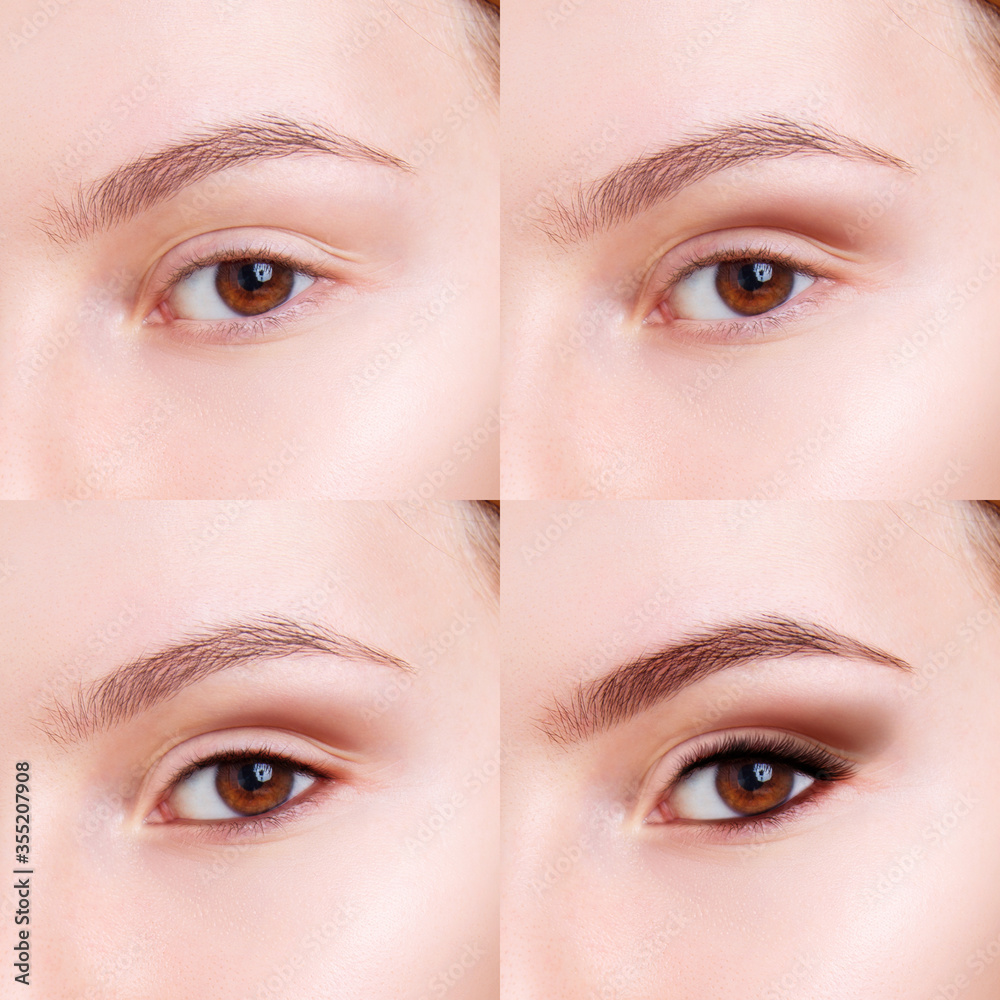Foto Stock Female eye before and after applying makeup step by step ...