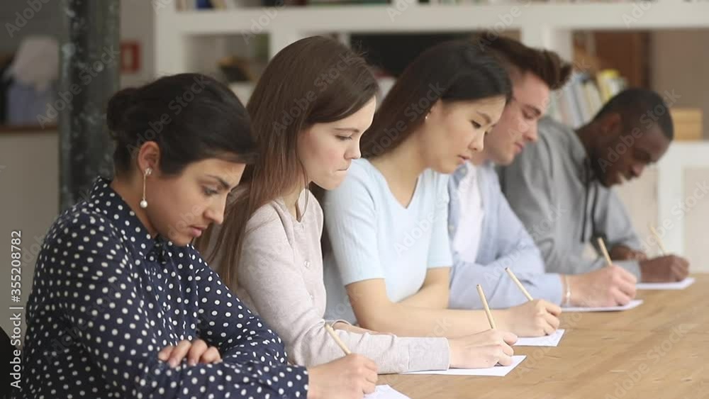 Vidéo Stock Multiethnic focused college university students group sit ...