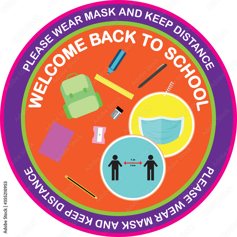 Welcome back to school, keep your distance, orange round Vector ...