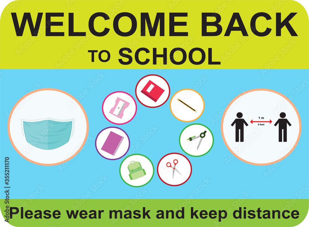 Welcome back to school, keep your distance, Vector illustration sign ...