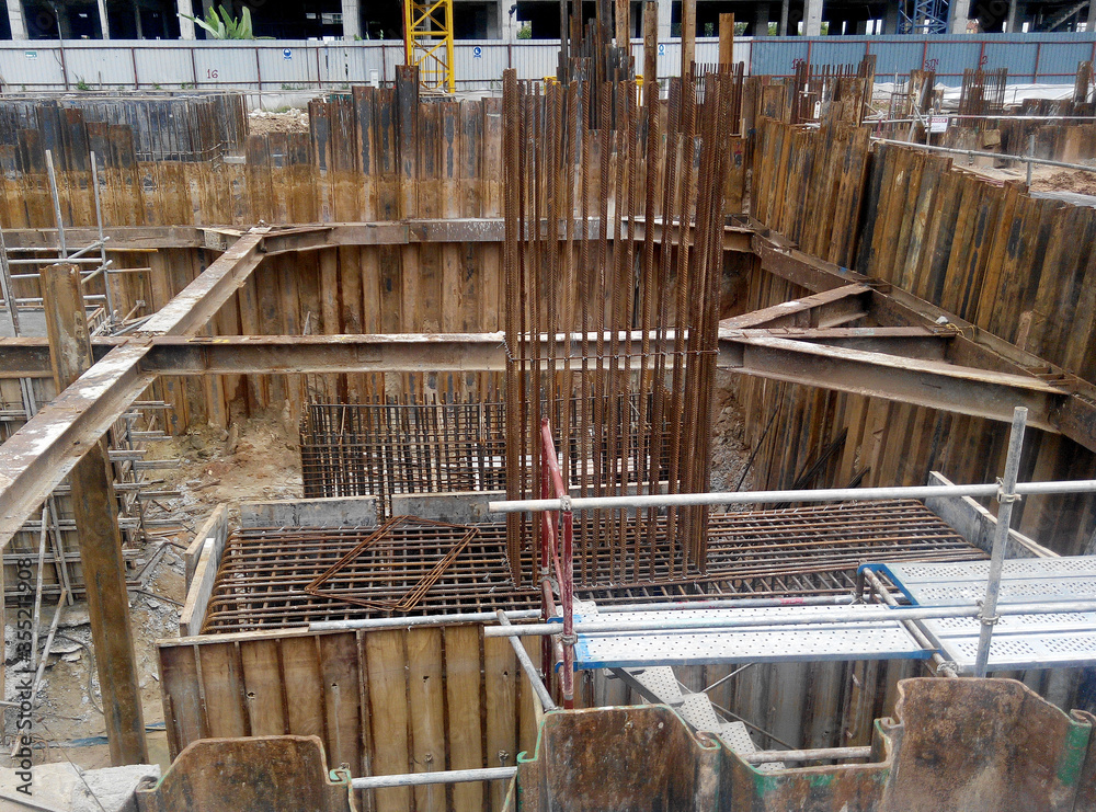 JASIN, MALAYSIA -SEPTEMBER 03, 2016: Pile caps formworks inside the ...