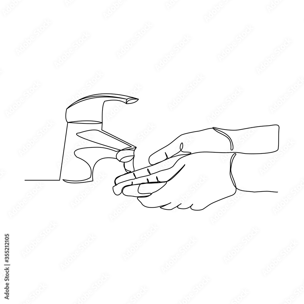 Continuous line drawing of washing hand with water faucet. Vector ...