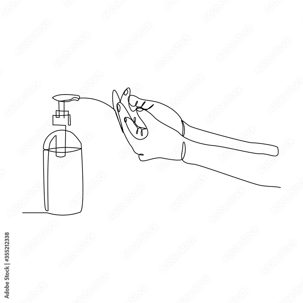 Continuous line drawing of washing hand with bottle of liquid soap ...