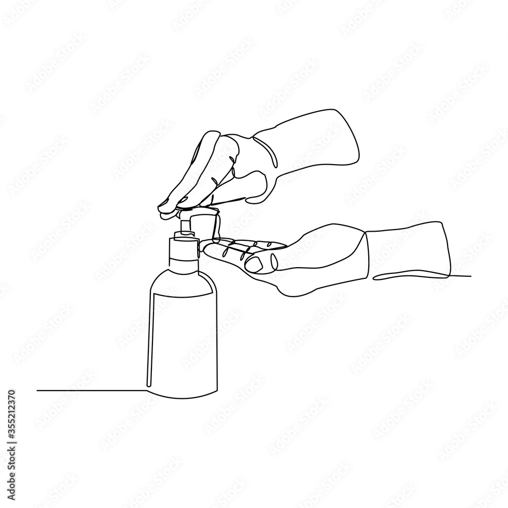 Continuous line drawing of washing hand with bottle of liquid soap ...