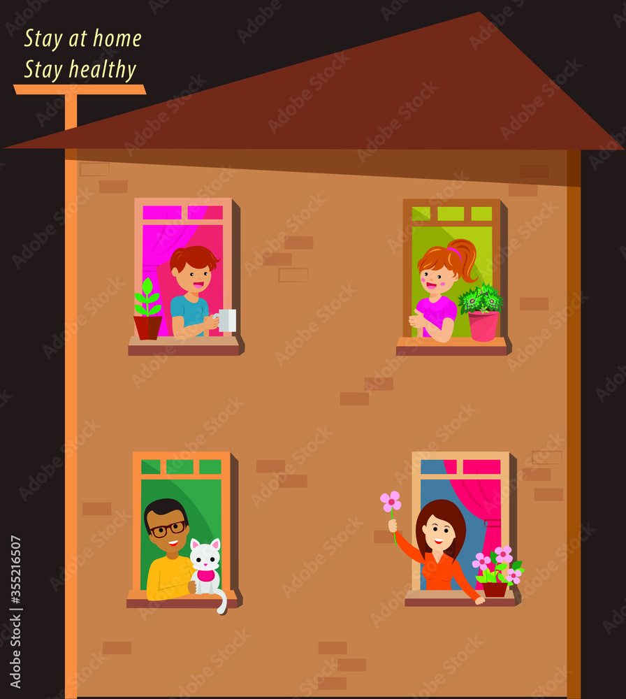 vector illustration of stay at home concept/people look out of balcony ...