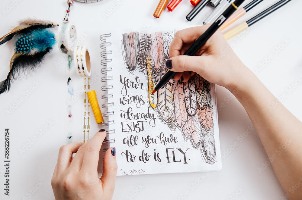 Hand lettering workspace artist on white background. paint, palette ...