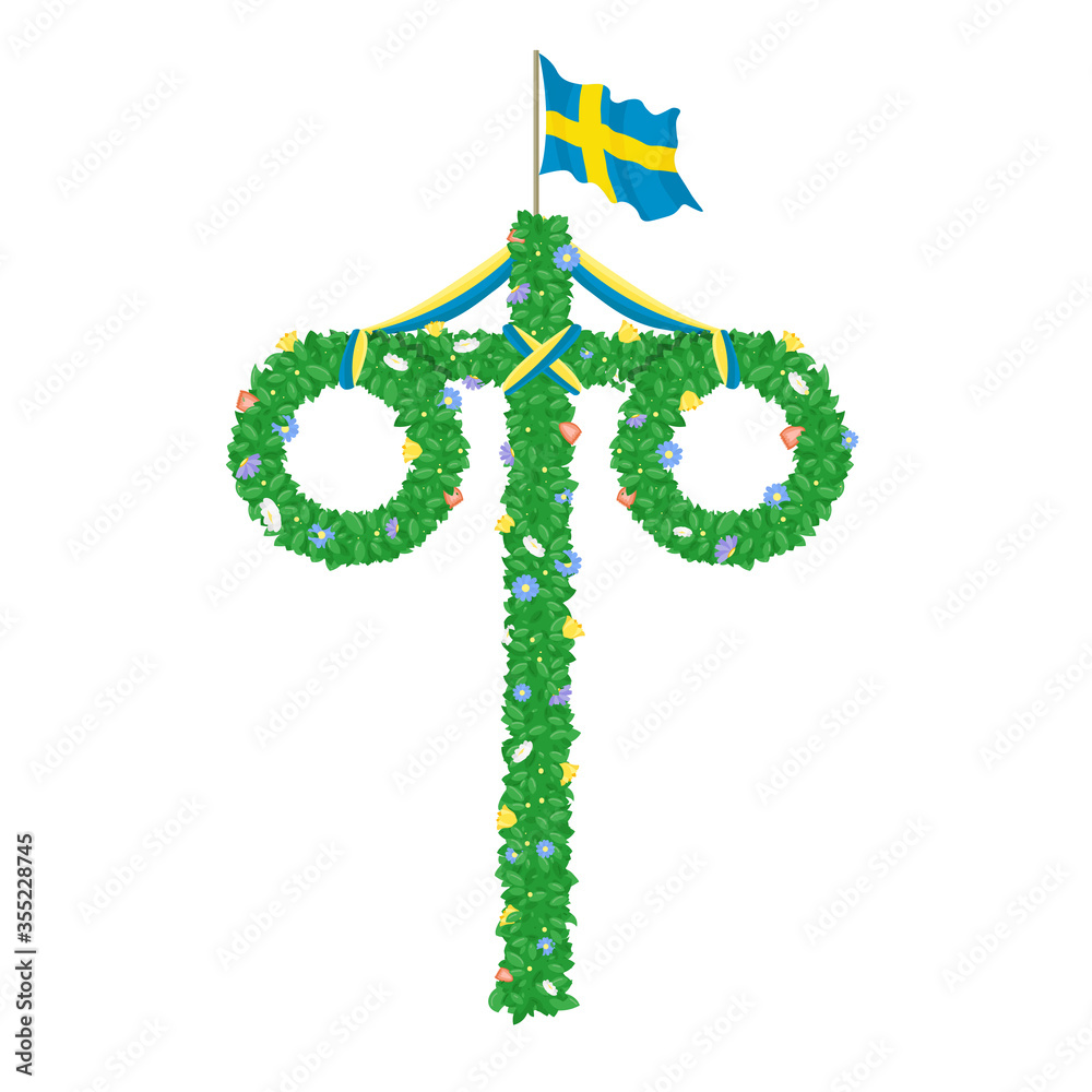 Vecteur Stock Midsummer floral wreaths, Swedish flag, maypole decorated ...
