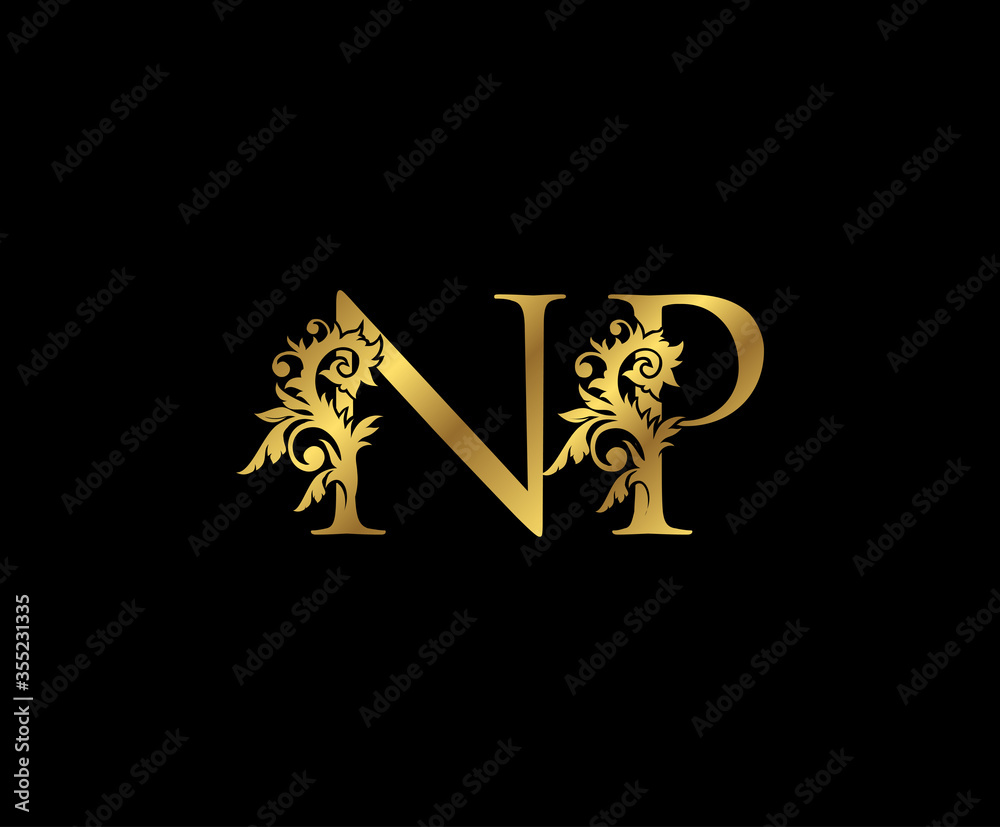Classy Gold letter N, P and NP Vintage decorative ornament letter stamp, wedding logo, classy ...
