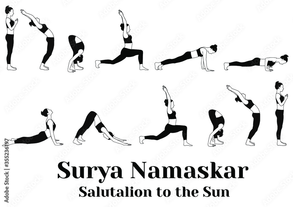 Salutation to the Sun yoga complex. Vector illustration of woman doing ...