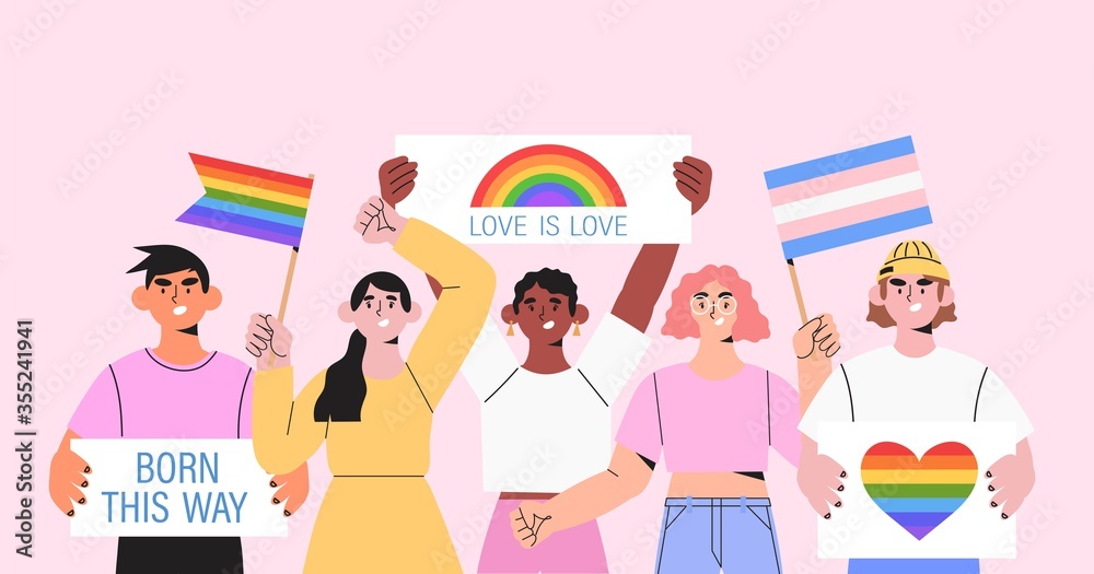 Diverse People Hold Signs Banner And Placards With Lgbt Rainbow And
