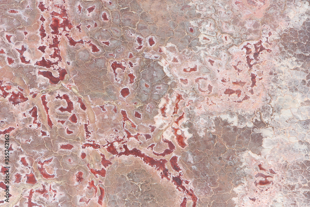 Aerial view of the salt pan and mineral crust with red algae in Lake ...